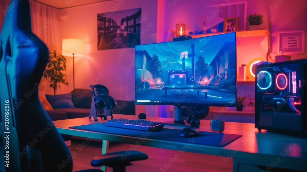 Computer Gaming PC on video gaming desk in dark room with neon light ...
