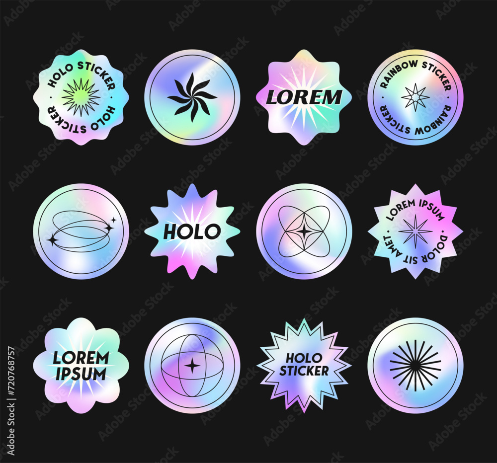 Vector set of holographic stickers.Modern iridescent foil labels in y2k ...