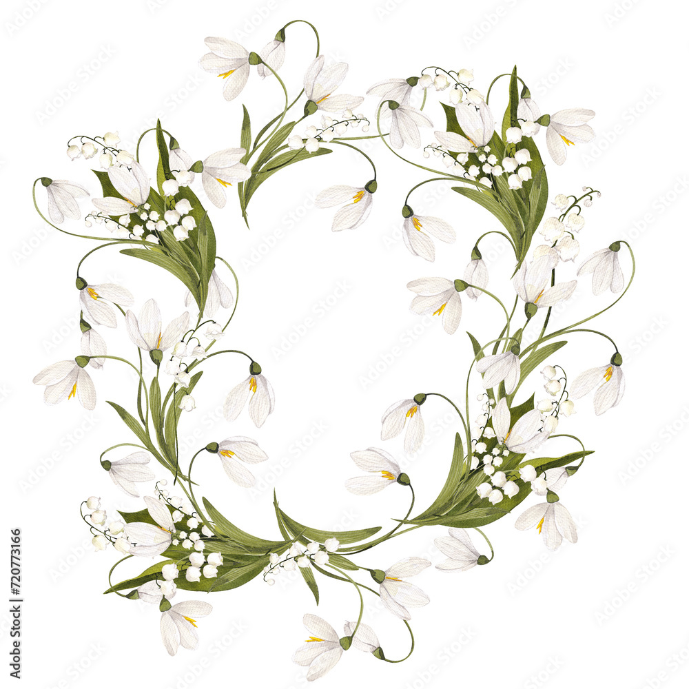 Watercolor floral wreath with hand draw first spring flowers and leaves ...