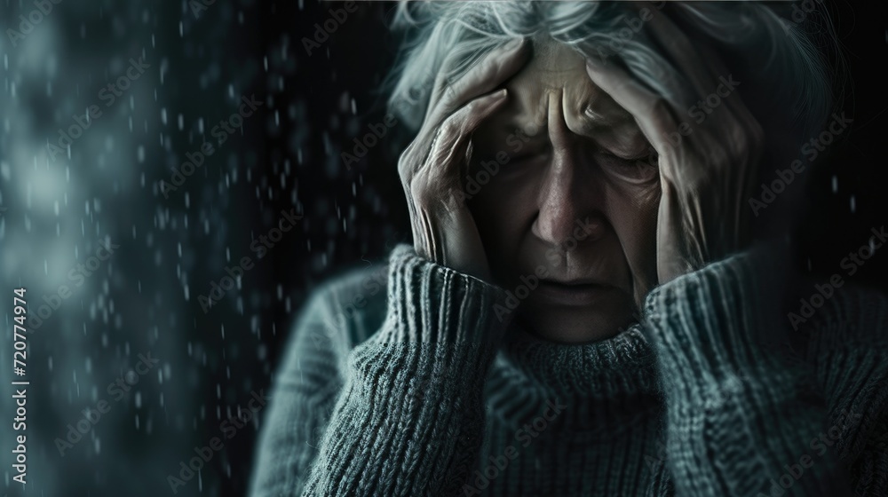 Senior woman with a cringed face and furrowed brows, experiencing a ...