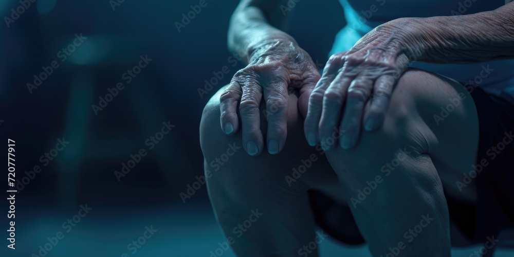 A person sitting on the ground with their hands resting on their knees ...