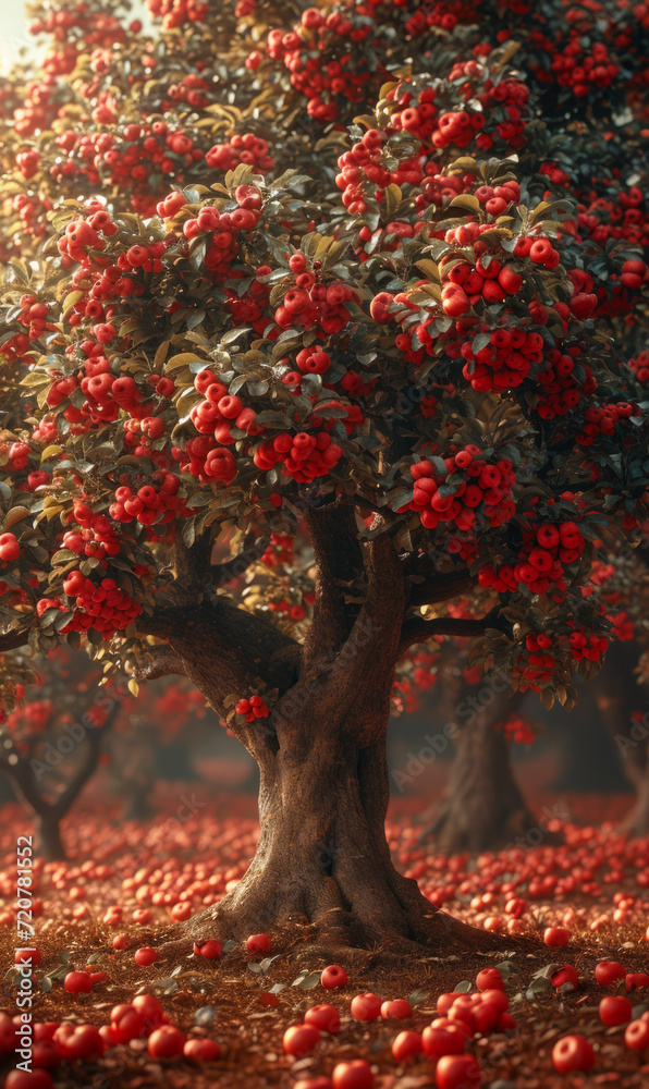 A large apple tree with a lot of ripe apple. An apple tree with a ...