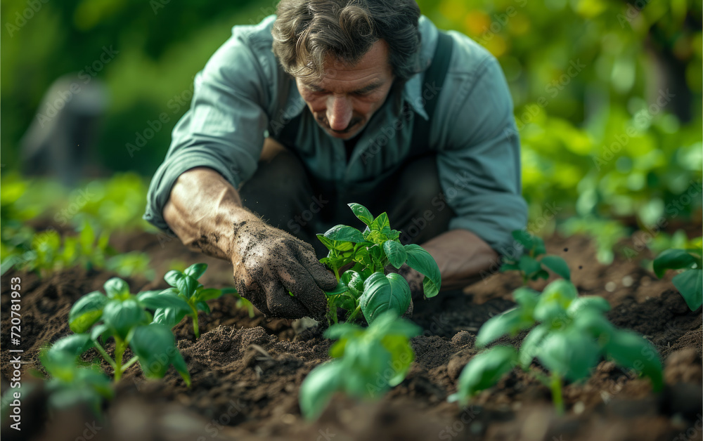 Farmer planting green plants. A man kneeling down in a field of plants ...