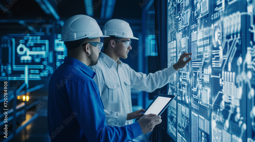 Factory Digitalization: Two Industrial Engineers Use Tablet Computer, Visualize the Wall of Big ...