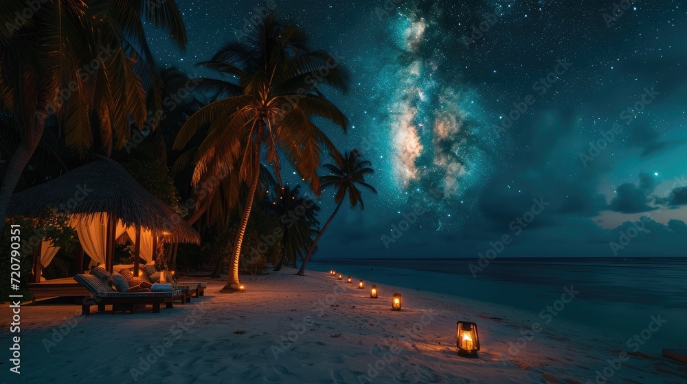 Movie night on starry tropical island beach. Amazingly calm and relaxed ...