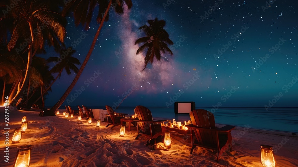 Movie night on starry tropical island beach. Amazingly calm and relaxed ...