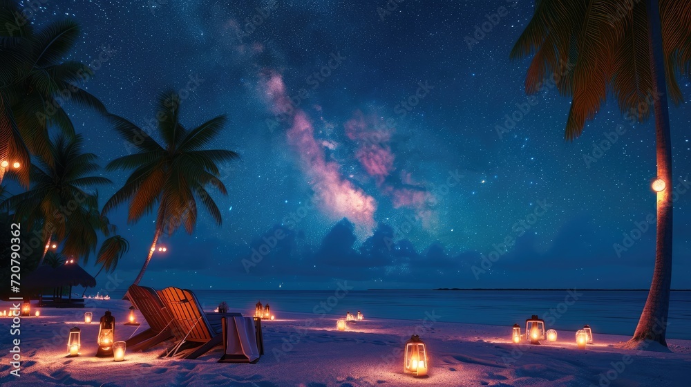 Movie night on starry tropical island beach. Amazingly calm and relaxed ...