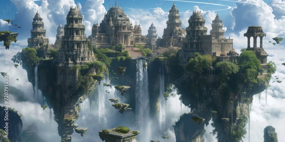 An ancient temple floating in the sky, surrounded by floating islands ...