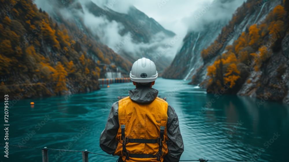 A dam engineering doing his checking routine. He is wearing a white ...