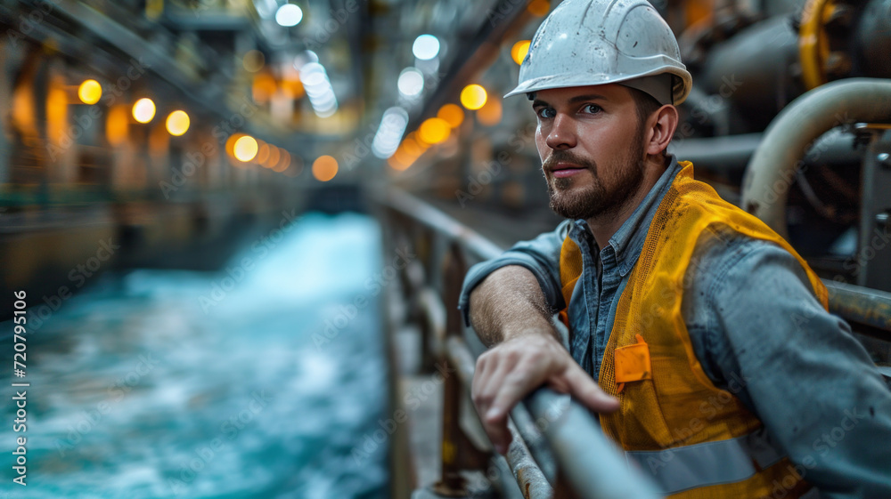 A dam engineering doing his checking routine. He is wearing a white ...