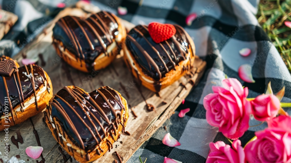 Heart-shaped eclairs with chocolate ganache on a cloth generative ai ...