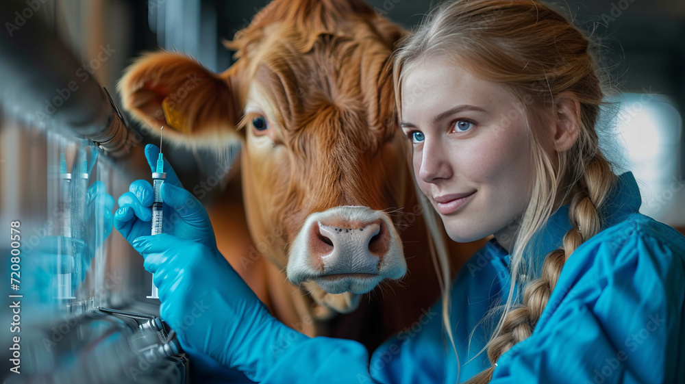 Veterinarian holds a syringe with vaccine on the background of a dairy cow in a cow barn ...