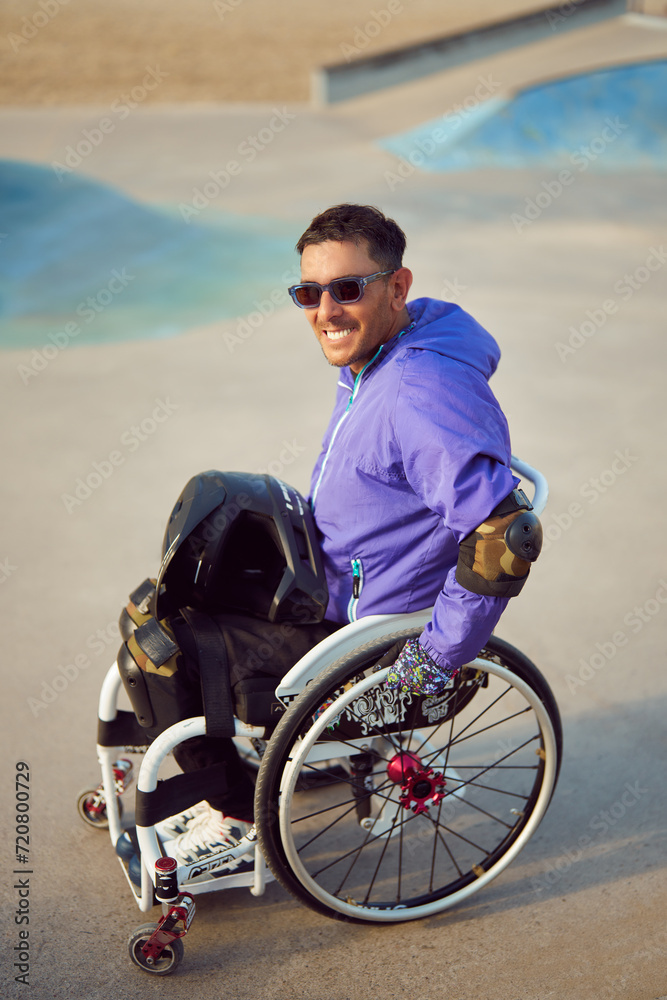 Poster portrait smiling athlete man with disability in wheelchair at ...