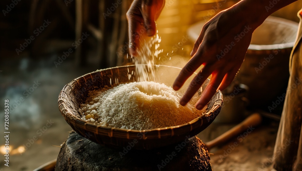 A skilled cook carefully pours grains of rice into a bowl, transforming ...