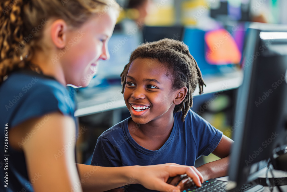 Happy young girl receiving assistance from her teacher in a computer ...