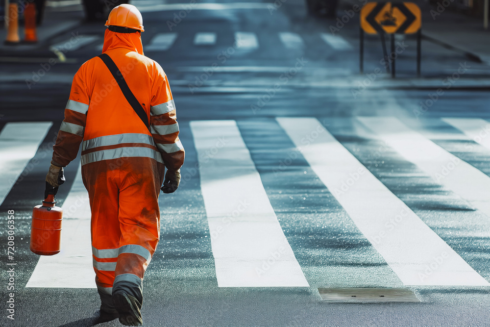 Road worker marking zebra crossing traffic sign using paint sprayer gun ...