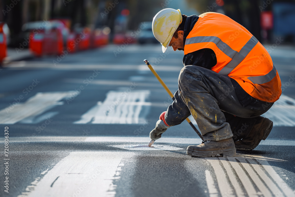 Road worker painting white lines on the road. With the help of road ...