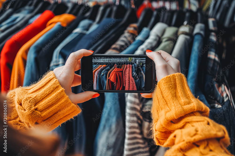 Woman taking picture of used clothes. Selling used clothes concept. She ...