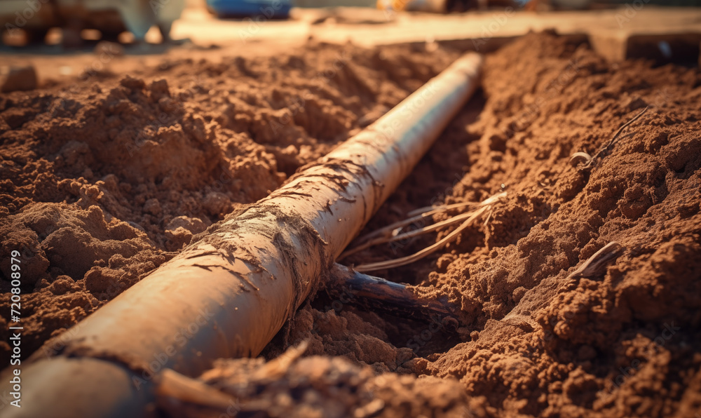 A detailed view of a pipes partially buried in the dirt. This image can ...