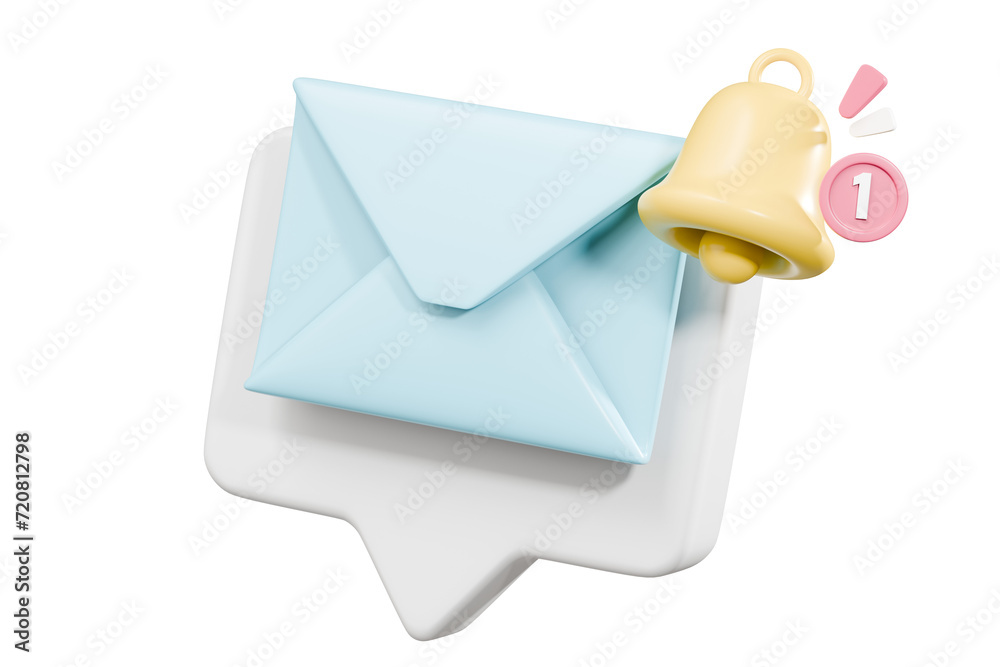 3d mail envelope icon with bell ringing notification new message sign ...