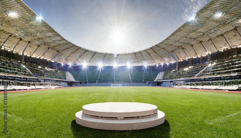 podium in the center of a stadium, surrounded by rows of empty seats ...