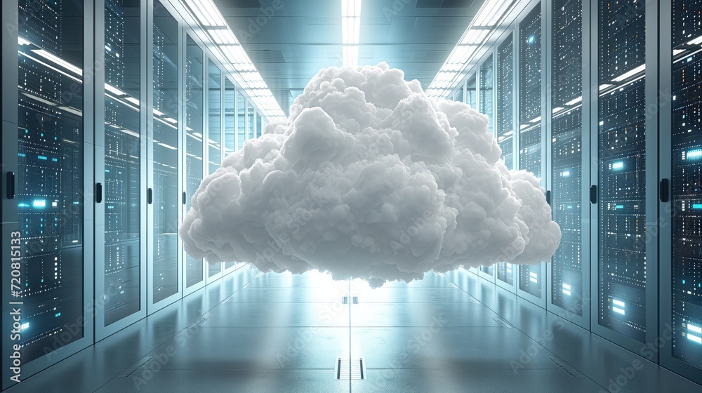 Cloud computing with a massive real cloud floating in data center server room, highlighting the ...