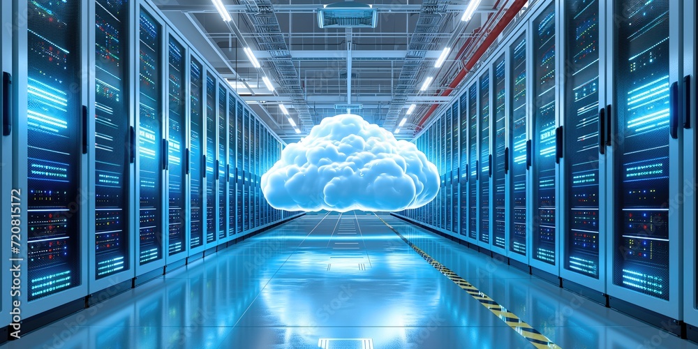 Cloud computing with a massive real cloud floating in data center server room, highlighting the ...