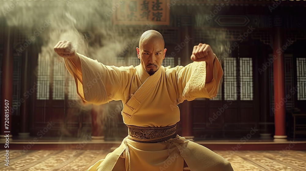 Skilled kung fu master strikes a powerful pose inside a traditional ...
