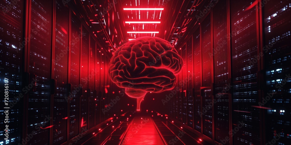 Evil red AI brain in data center server room. Danger of strong ...