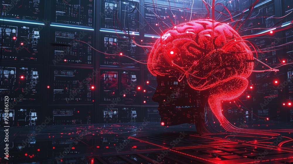 Evil red AI brain in data center server room. Danger of strong ...