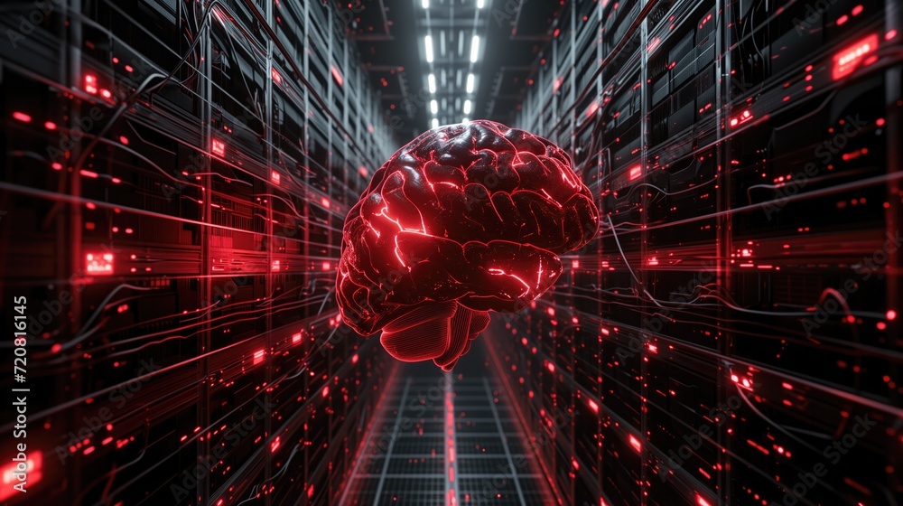Evil red AI brain in data center server room. Danger of strong ...