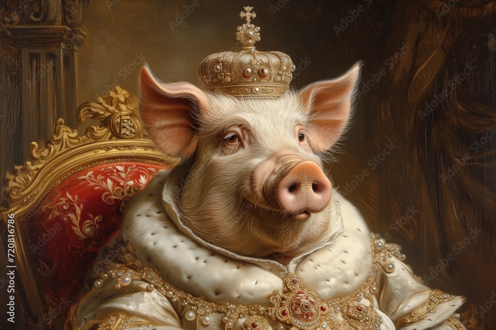Renaissance portrait of anthropomorphic medieval royal pig queen ...