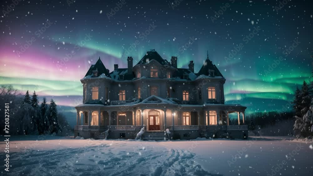 Mansion, Winter Wonderland, Snow, Night, Sky, Aurora, Landscape Scenery ...