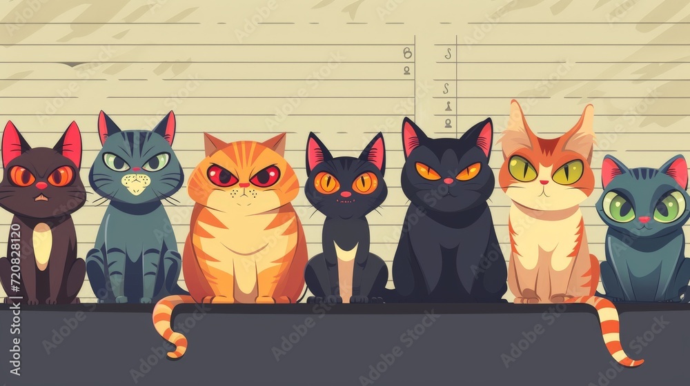 various angry cats lined up, background is police lineup chart, cartoon ...