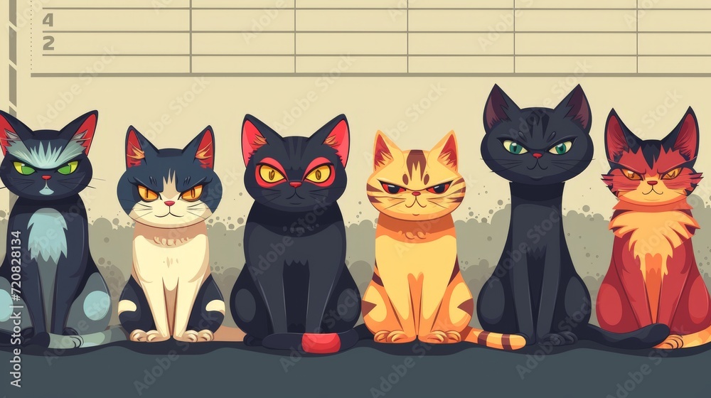 various angry cats in a police lined up, background is police lineup ...
