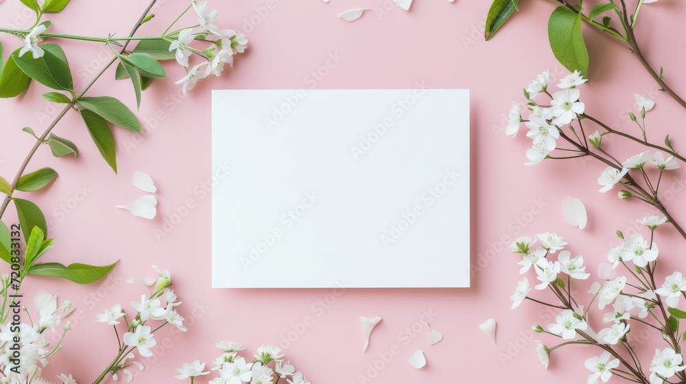 mockup of a blank invitation card with pink background and flowers ...
