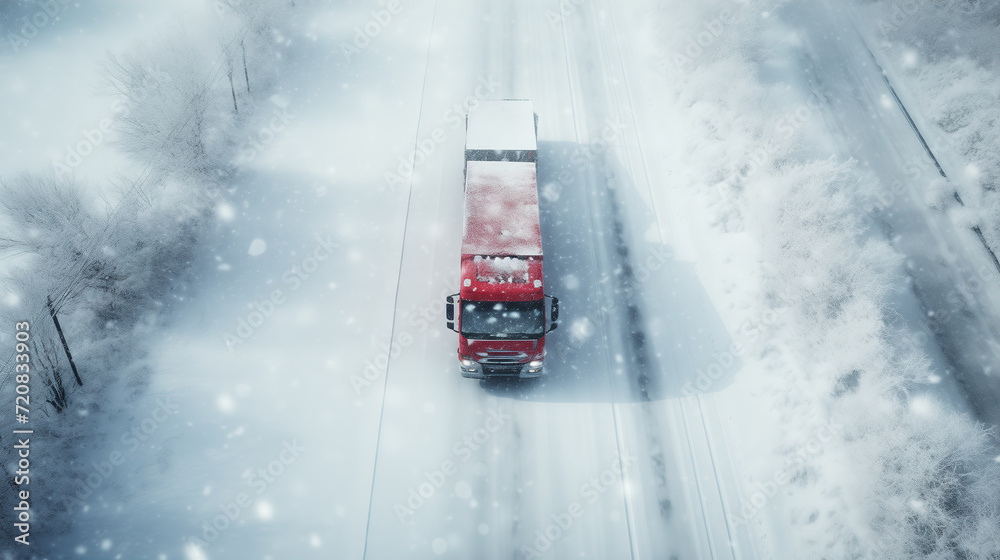 Red truck driving on snowy highway in the countryside, on a winter day ...