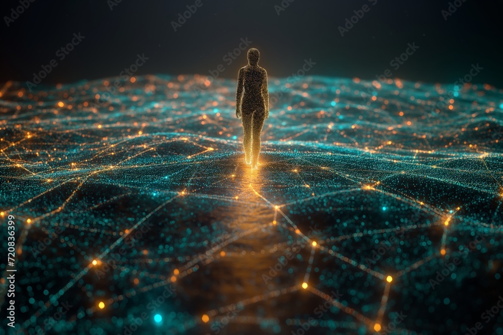 A humanoid figure made of light and circuitry, representing AI, stands ...