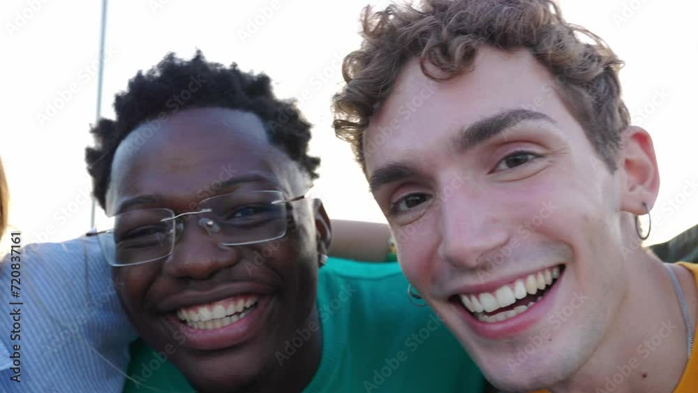 Close-up portrait of united young gen z teen students joining faces ...