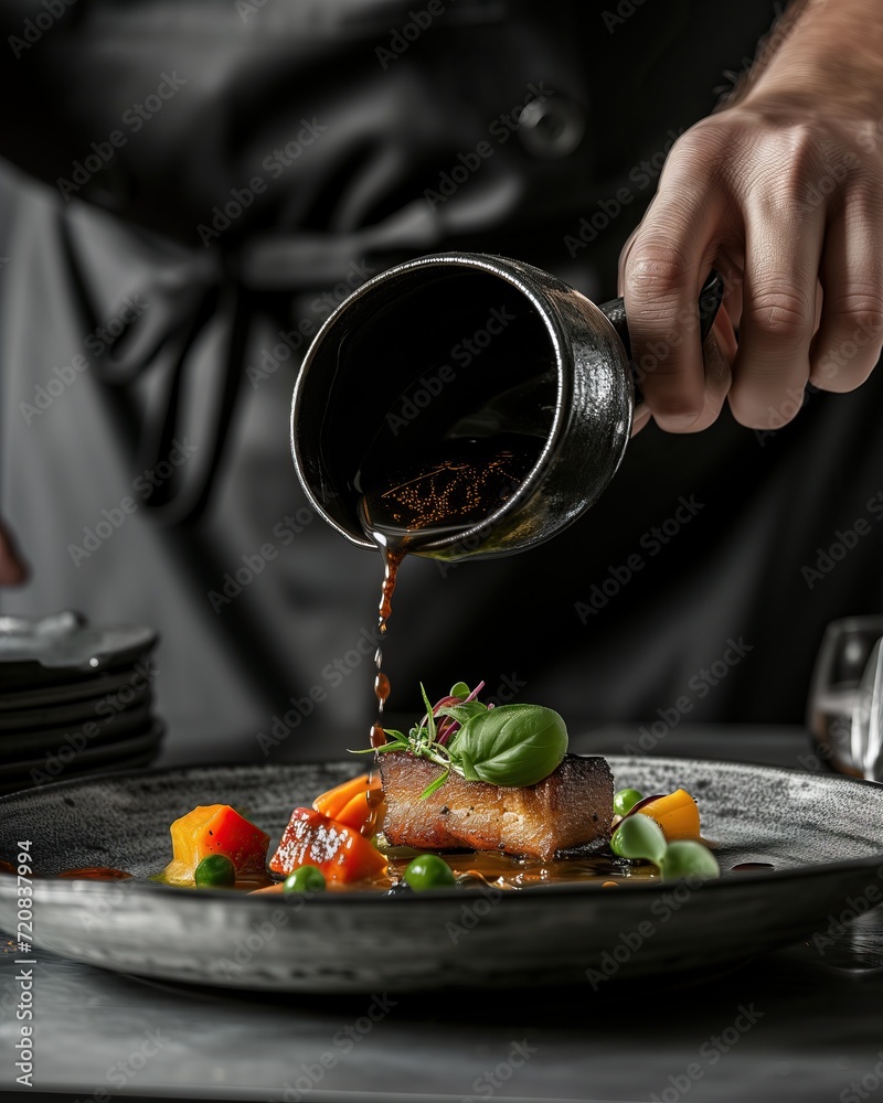 Close-up of a chef's hand pouring sauce over a gourmet haute cuisine ...
