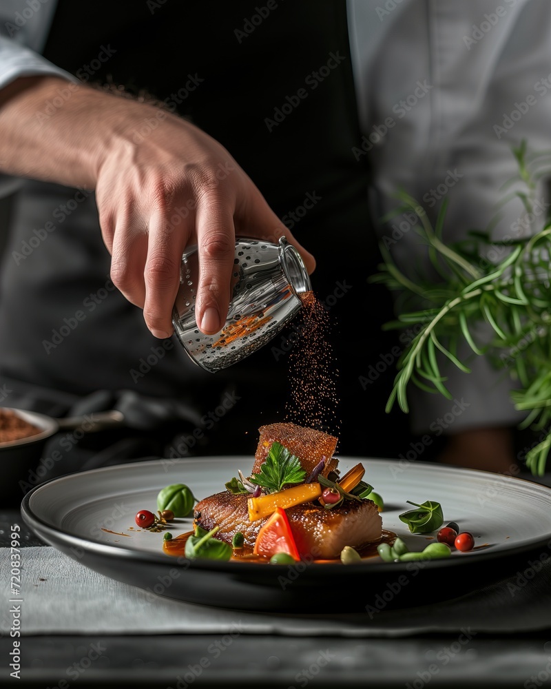 Close-up of a chef's hand adding spices to an exquisite haute cuisine ...