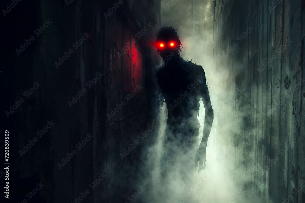 Shadow person with glowing red eyes, supernatural evil apparition Stock Illustration | Adobe Stock