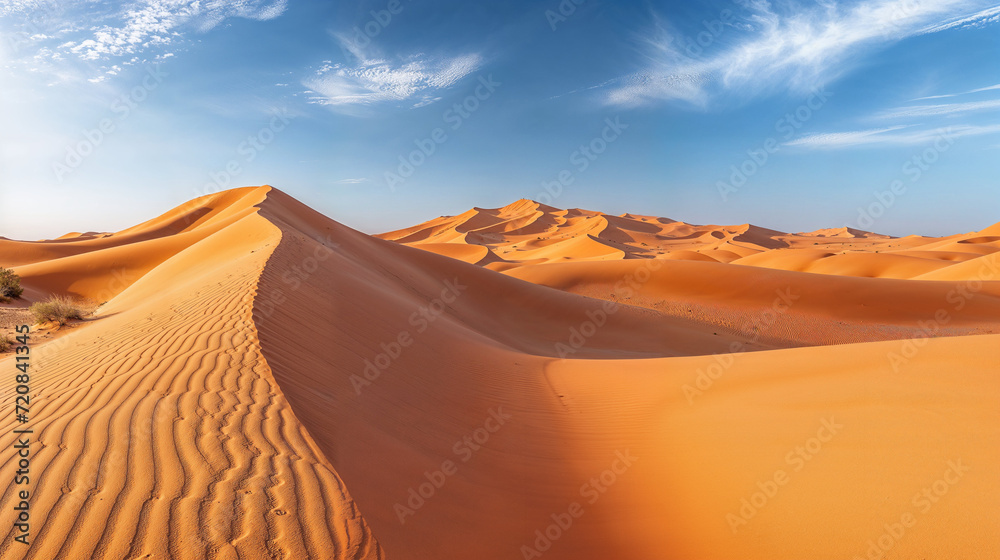 Wispy clouds above sand dunes, beautiful majestic desert landscape sand ...