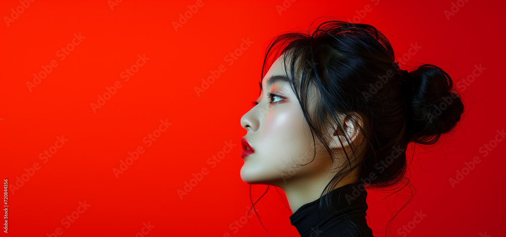Side profile portrait photography of an Asian woman, seamless red ...