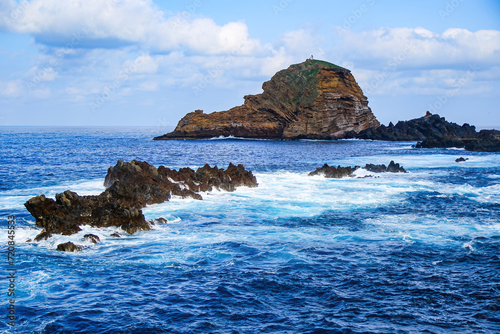 Islet of Mole (Ilhéu Mole) in Porto Moniz on the north coast of Madeira ...