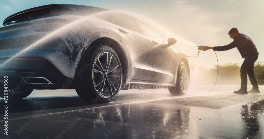 car sprays foam, Worker washing car, self service car, Cleaning car ...
