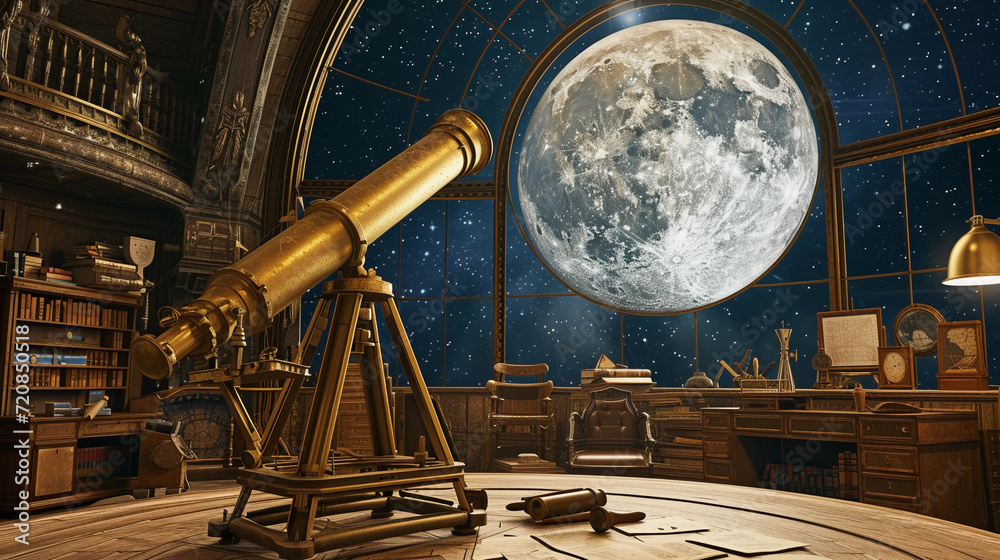 historical observatory interior, with an antique brass telescope ...