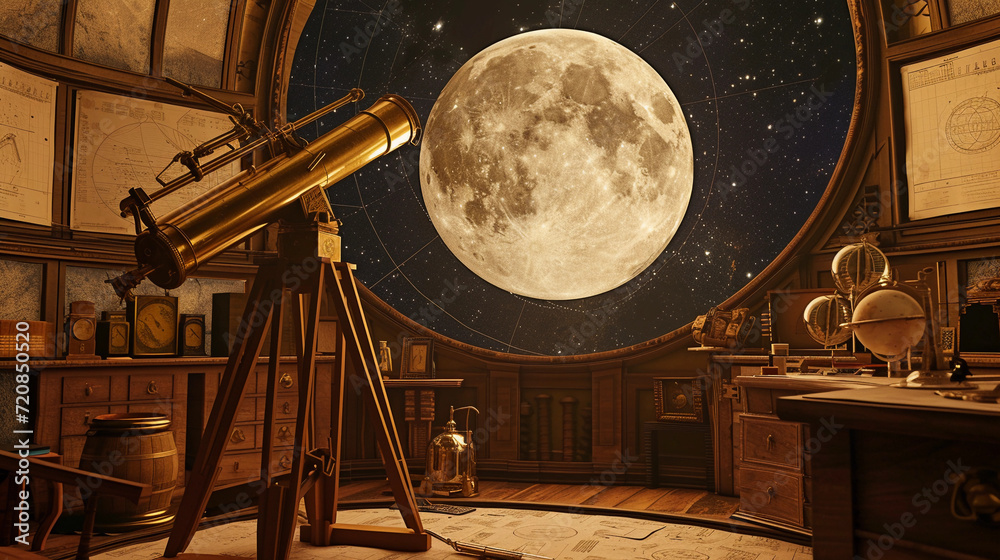 historical observatory interior, with an antique brass telescope ...
