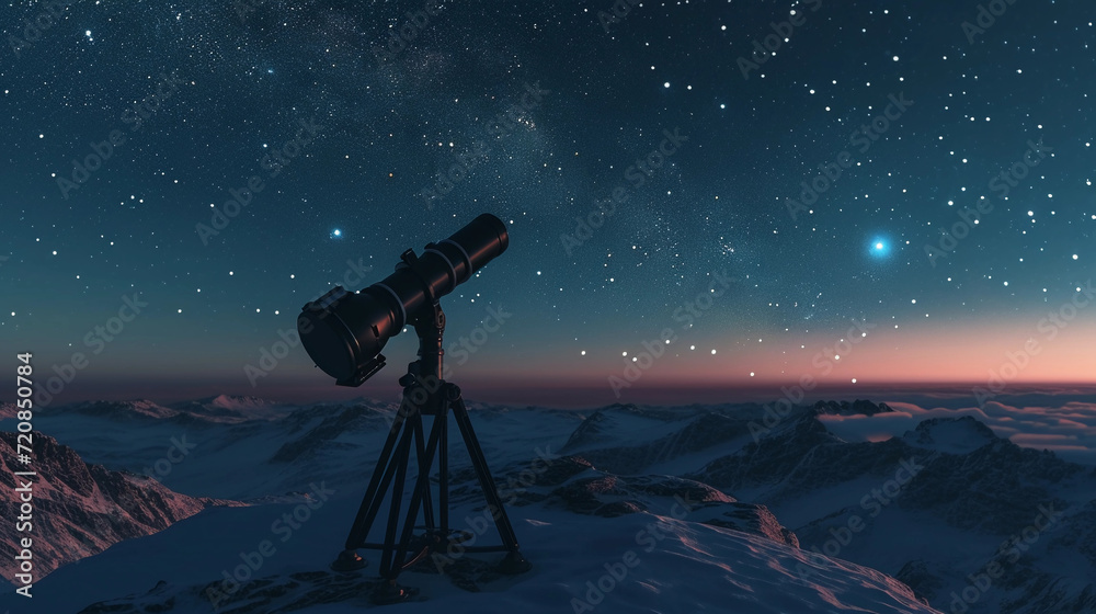 modern, sleek, black carbon fiber telescope set up on a high mountain ...