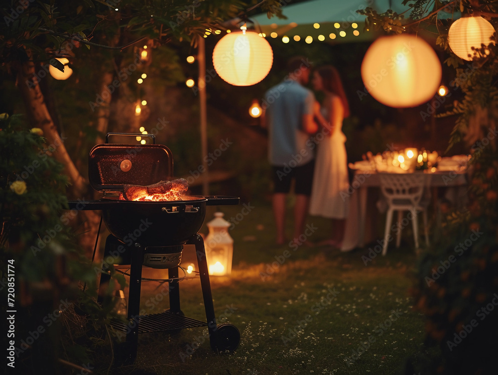 Foto de barbecue scene in a small garden, with a focus on a portable ...